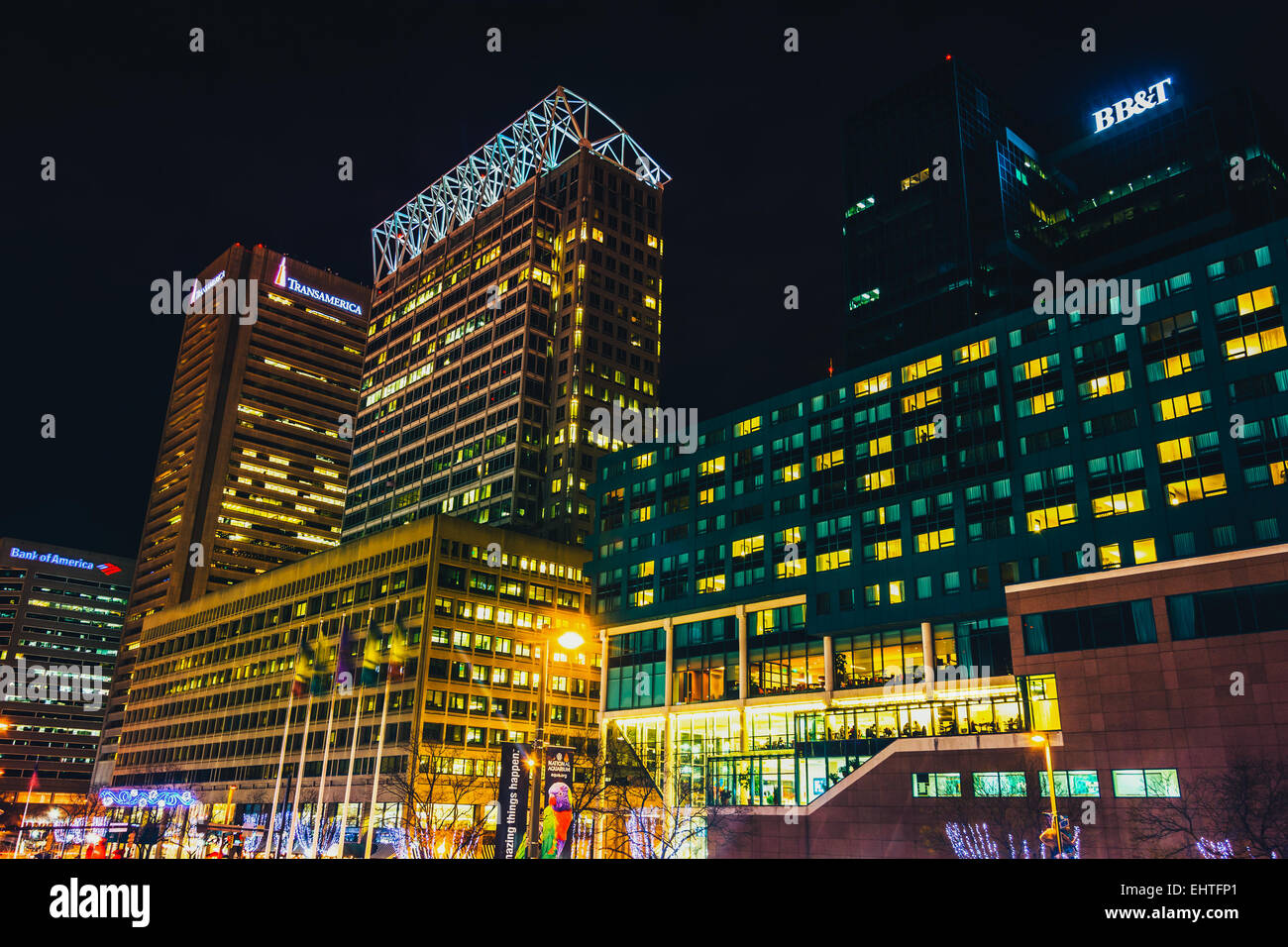 Buildings on Pratt Street at night, in downtown Baltimore, Maryland ...
