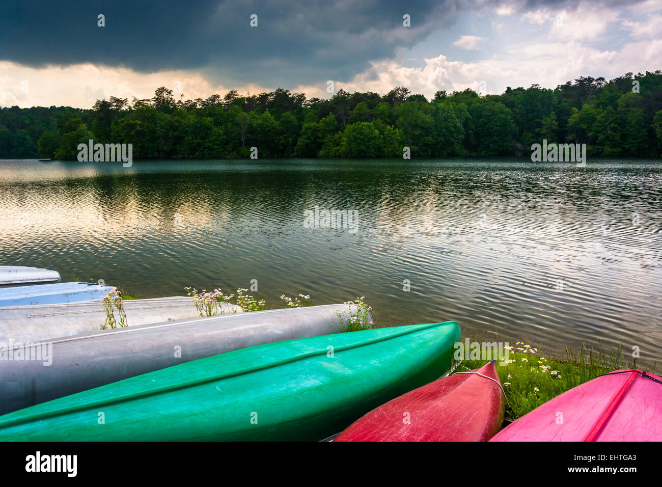 Canoes along the shore of Prettyboy Reservoir in Baltimore, Maryland ...