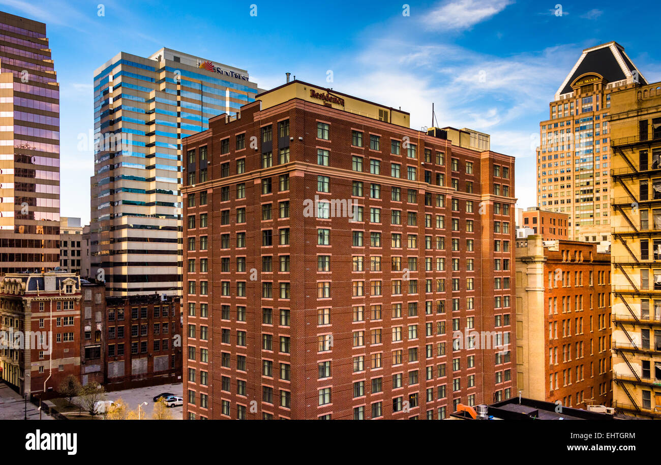 Cluster of highrises seen from a parking garage in downtown Baltimore ...