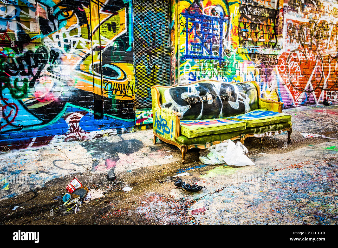 Colorful designs and couch in Graffiti Alley, Baltimore, Maryland Stock ...