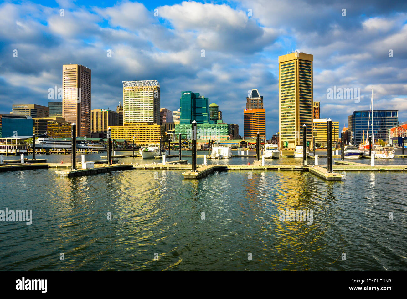 Docks and the Baltimore skyline seen at the Inner Harbor in Baltimore ...