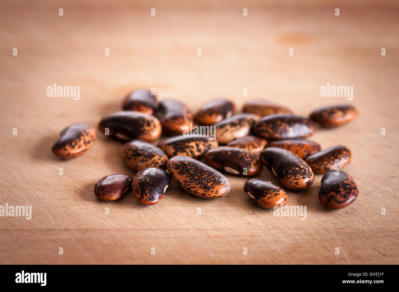"Painted Lady" runner beans dried ready for sowing, on wooden board ...
