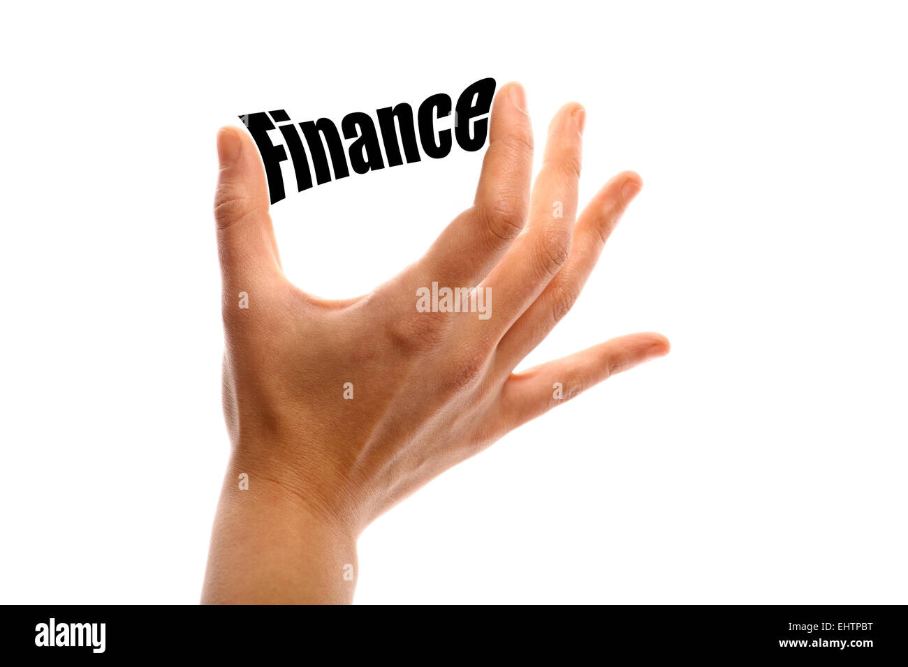 Horizontal shot of a hand holding the word "Finance" between two ...