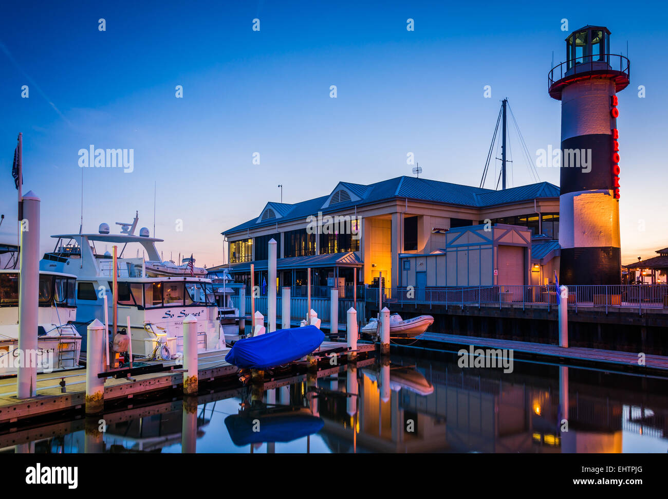 Lighthouse and marina in twilight in Canton, Baltimore, Maryland Stock ...