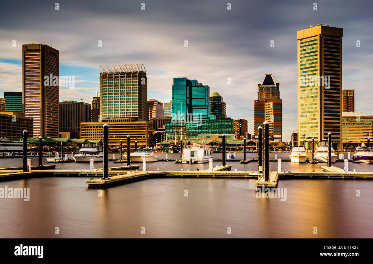 Long exposure of docks and the skyline at the Inner Harbor, Baltimore ...