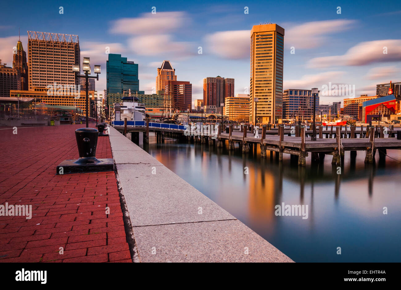 Long exposure of the Baltimore Skyline and Inner Harbor Promenade ...