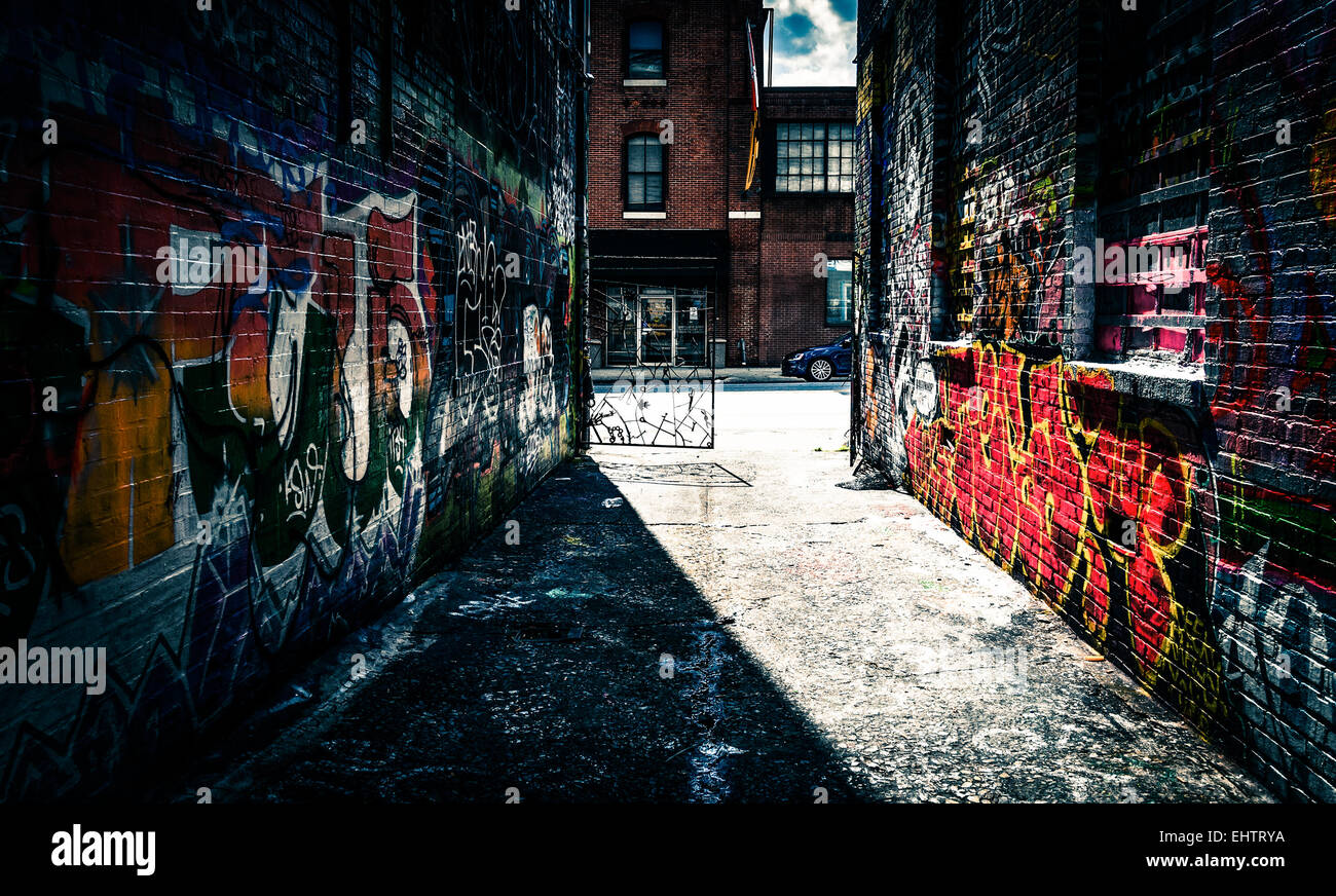 Looking toward Howard Street in the Graffiti Alley, Baltimore, Maryland ...