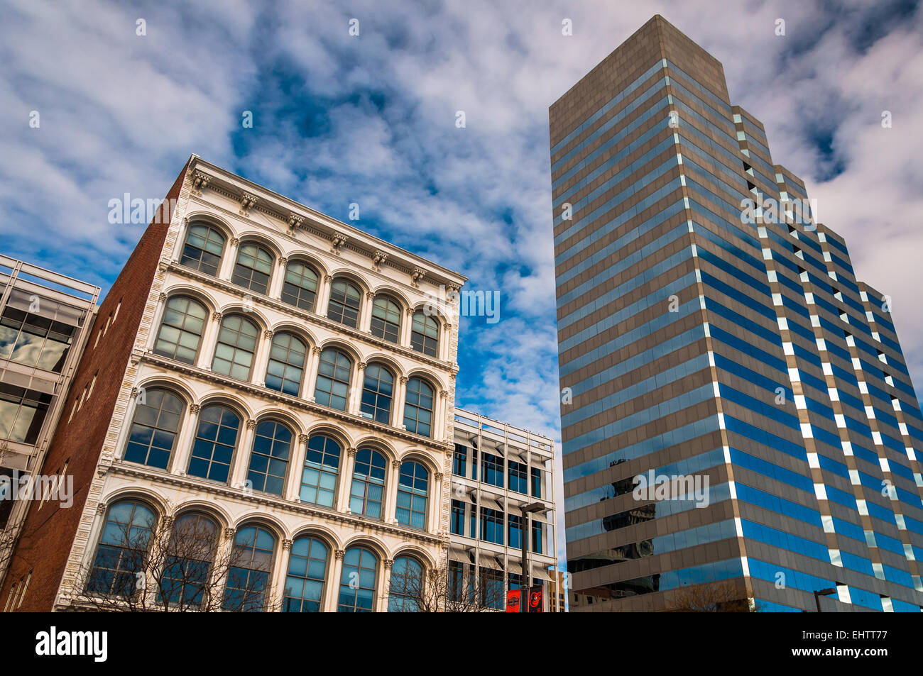 Looking up at buildings on Pratt Street in Baltimore, Maryland Stock ...