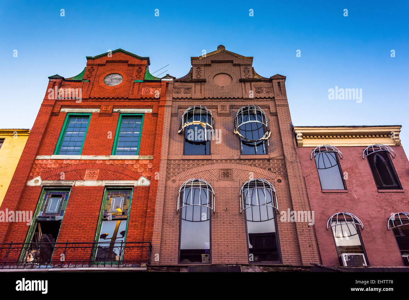 Looking up at buildings in Old Town Mall, Baltimore, Maryland Stock ...