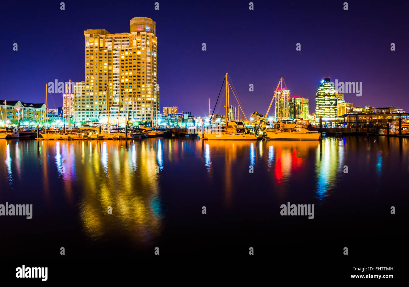 Marina and apartment building at night in Baltimore, Maryland Stock ...