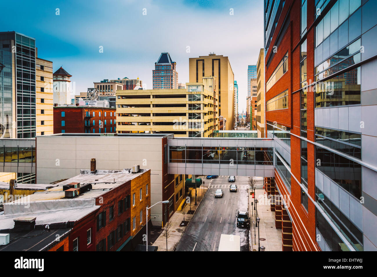 Modern buildings and an elevated walkway in downtown Baltimore ...