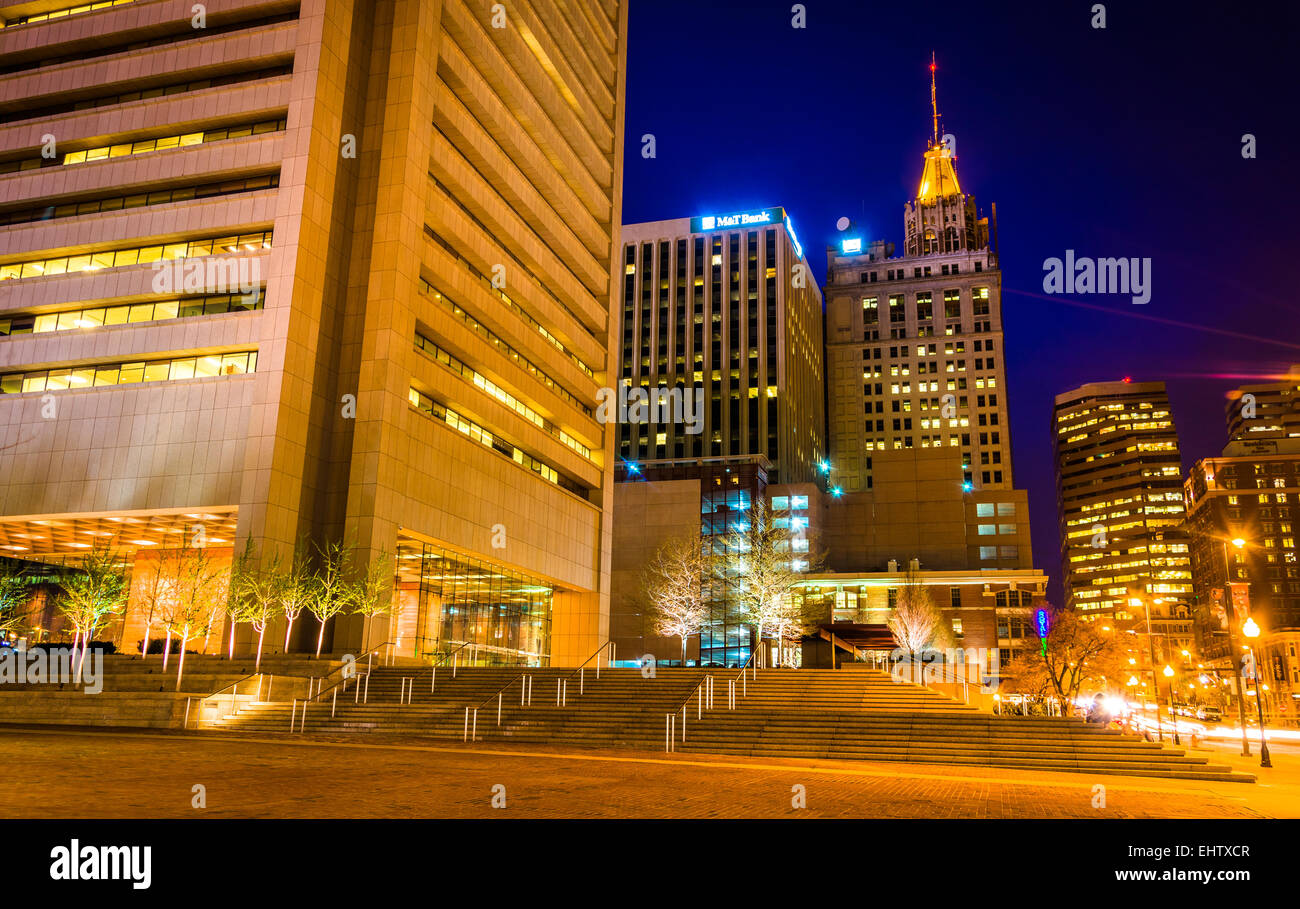 Night view of skyscrapers at night in Baltimore, Maryland Stock Photo ...