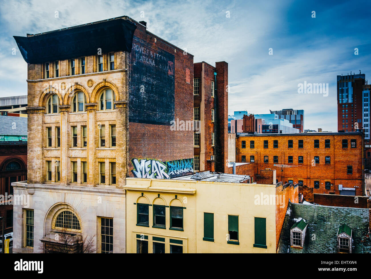 Old buildings on Eutaw Street, seen from a parking garage in Baltimore ...