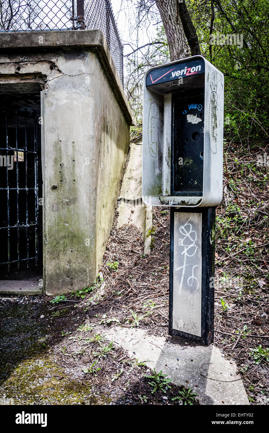 Old payphone and abandoned building at Fort Howard Park, in Baltimore ...