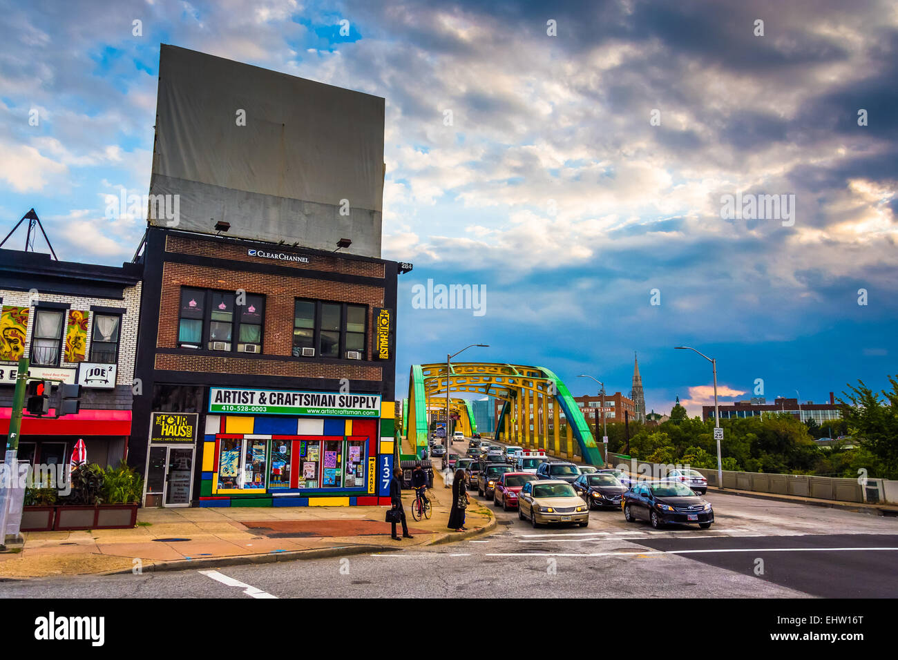 Shops and traffic on the Howard Street Bridge in Baltimore, Maryland ...