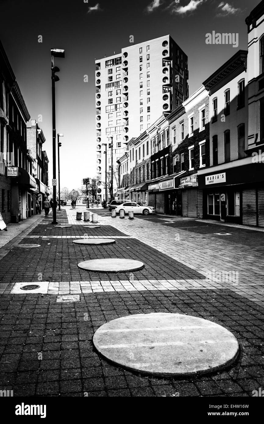 Shops in Old Town Mall and highrise in Baltimore, Maryland Stock Photo ...
