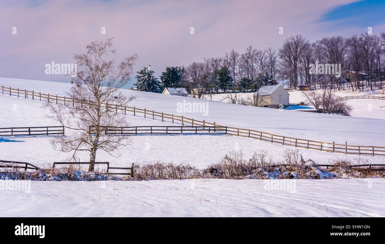 Snow covered farm fields in rural Carroll County, Maryland Stock Photo ...