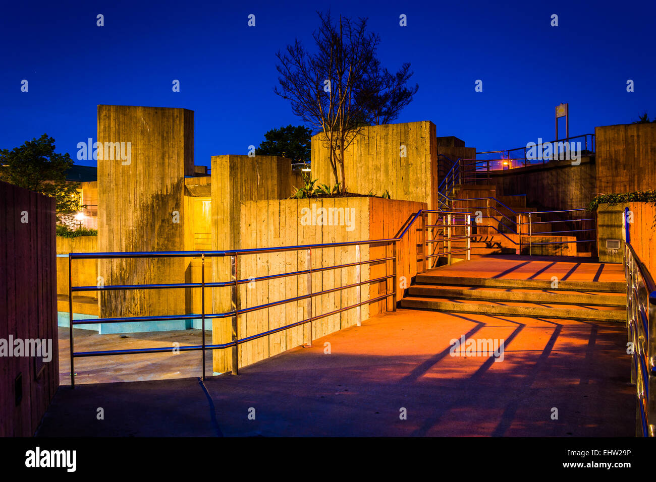 Stairs on an elevated walkway at night in Baltimore, Maryland Stock ...