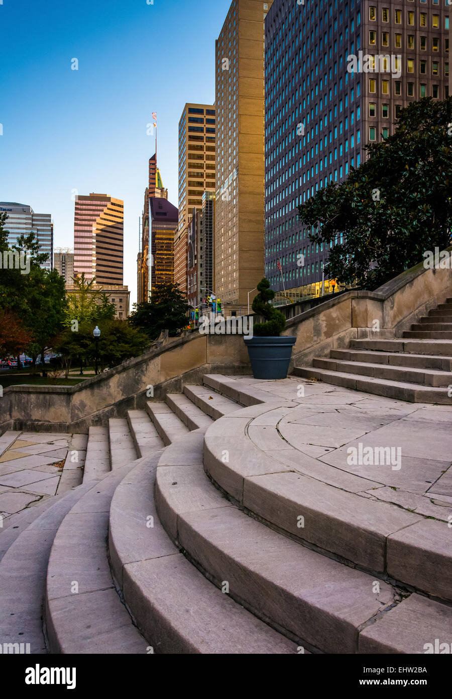 Steps and view of buildings in downtown Baltimore, Maryland Stock Photo ...