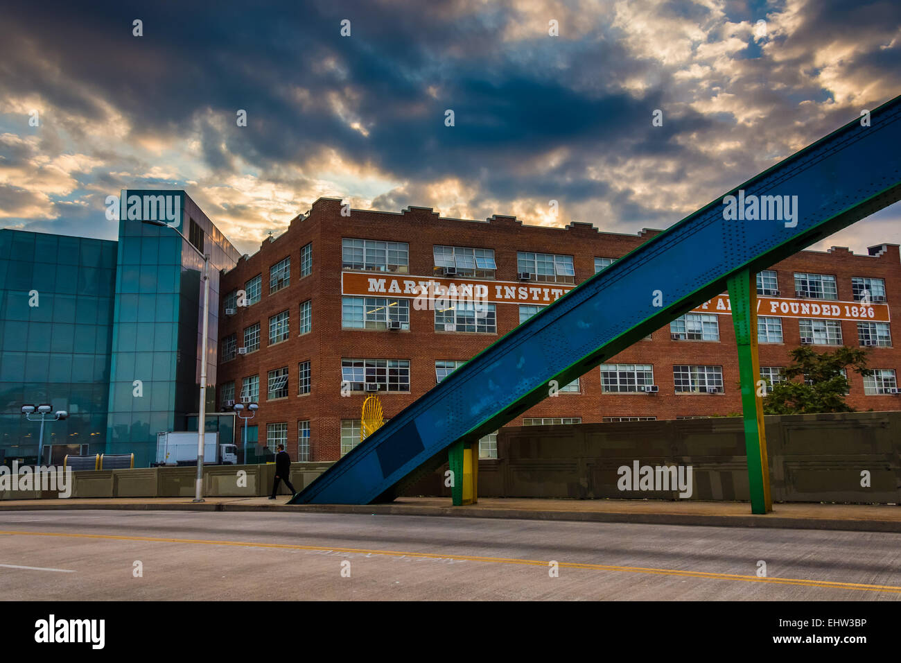 Sunset sky over the Howard Street Bridge and buildings at the Maryland ...