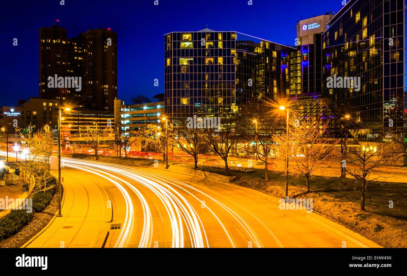 BALTIMORE - APRIL 14: The Hyatt Regency and Light Street at night, on ...