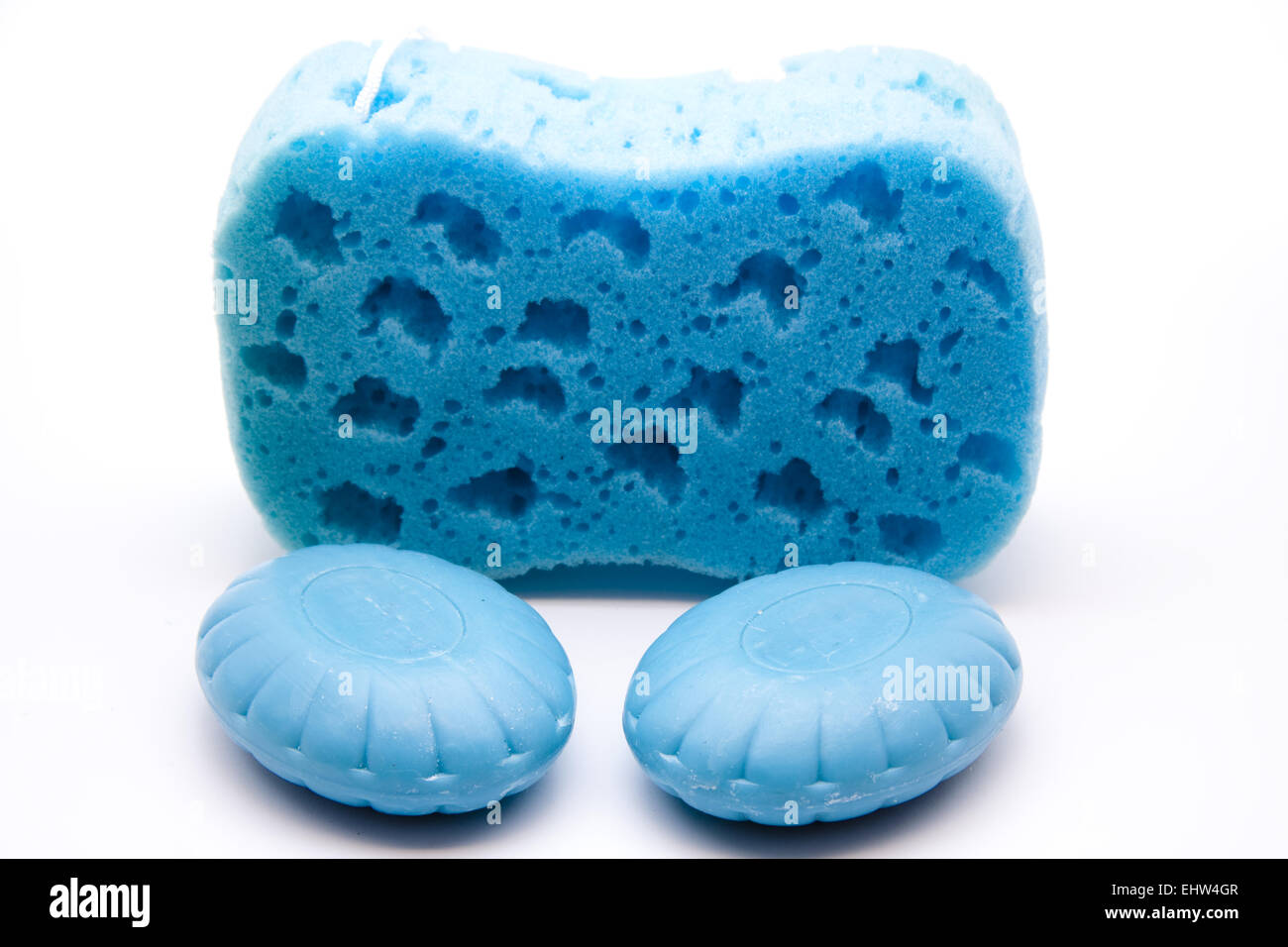 Blue soap with sponge Stock Photo - Alamy