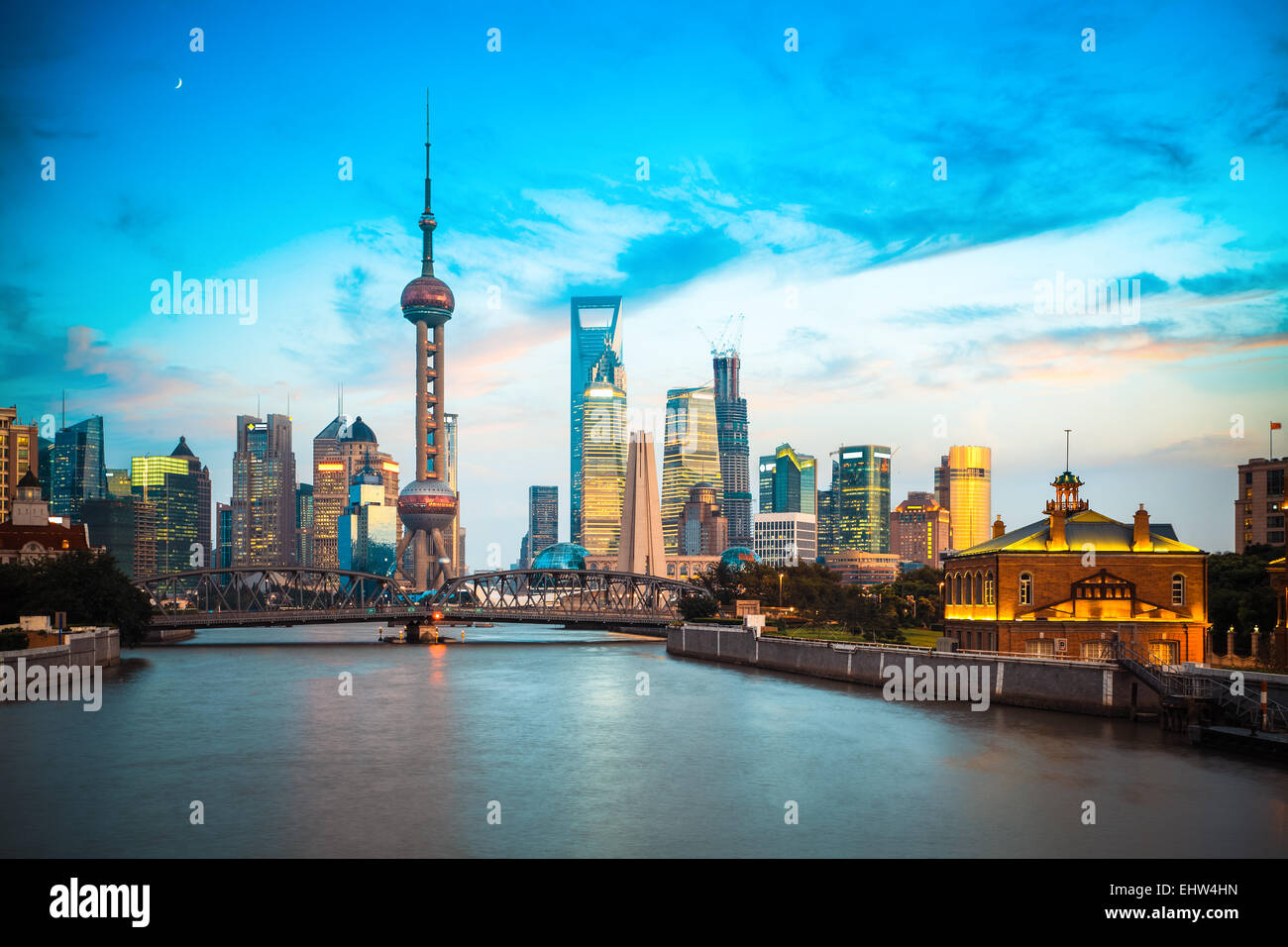 dusk scene of shanghai skyline and suzhou river Stock Photo - Alamy