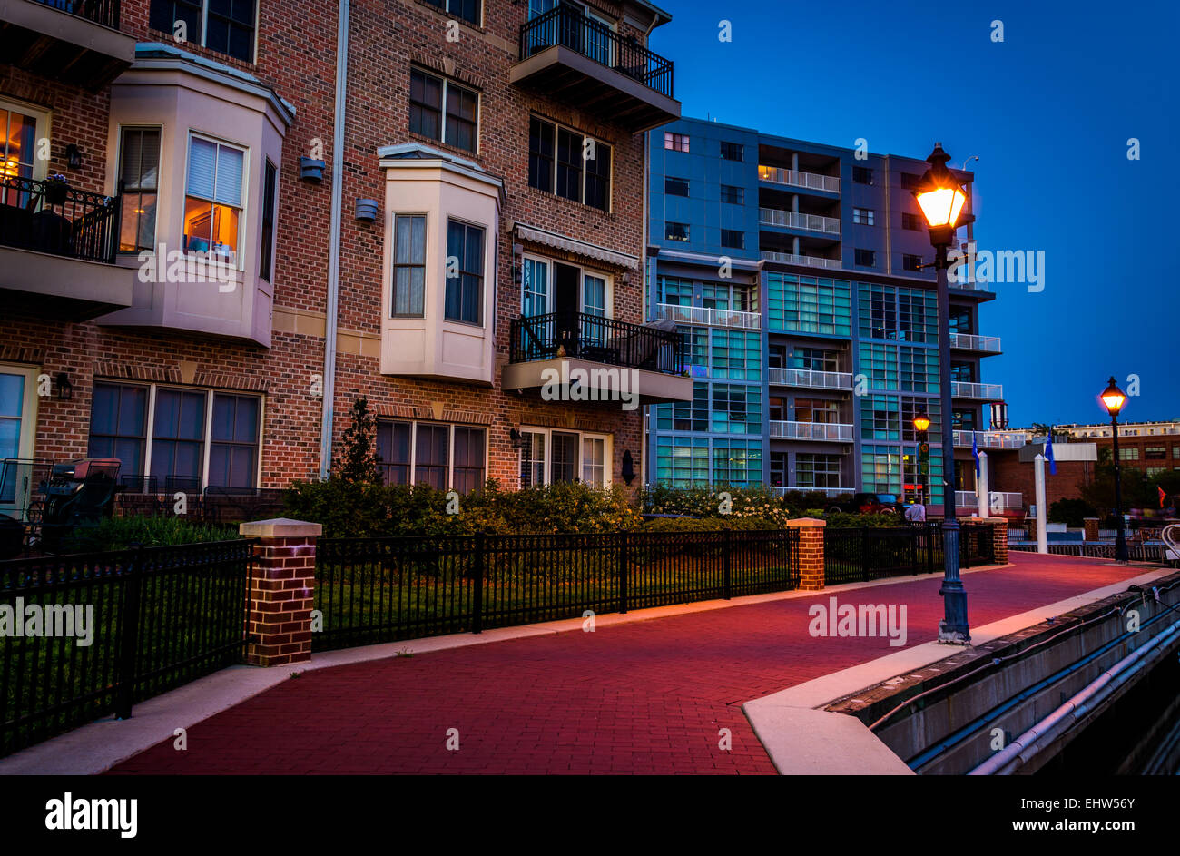 The waterfront in Canton at twilight, Baltimore, Maryland Stock Photo ...