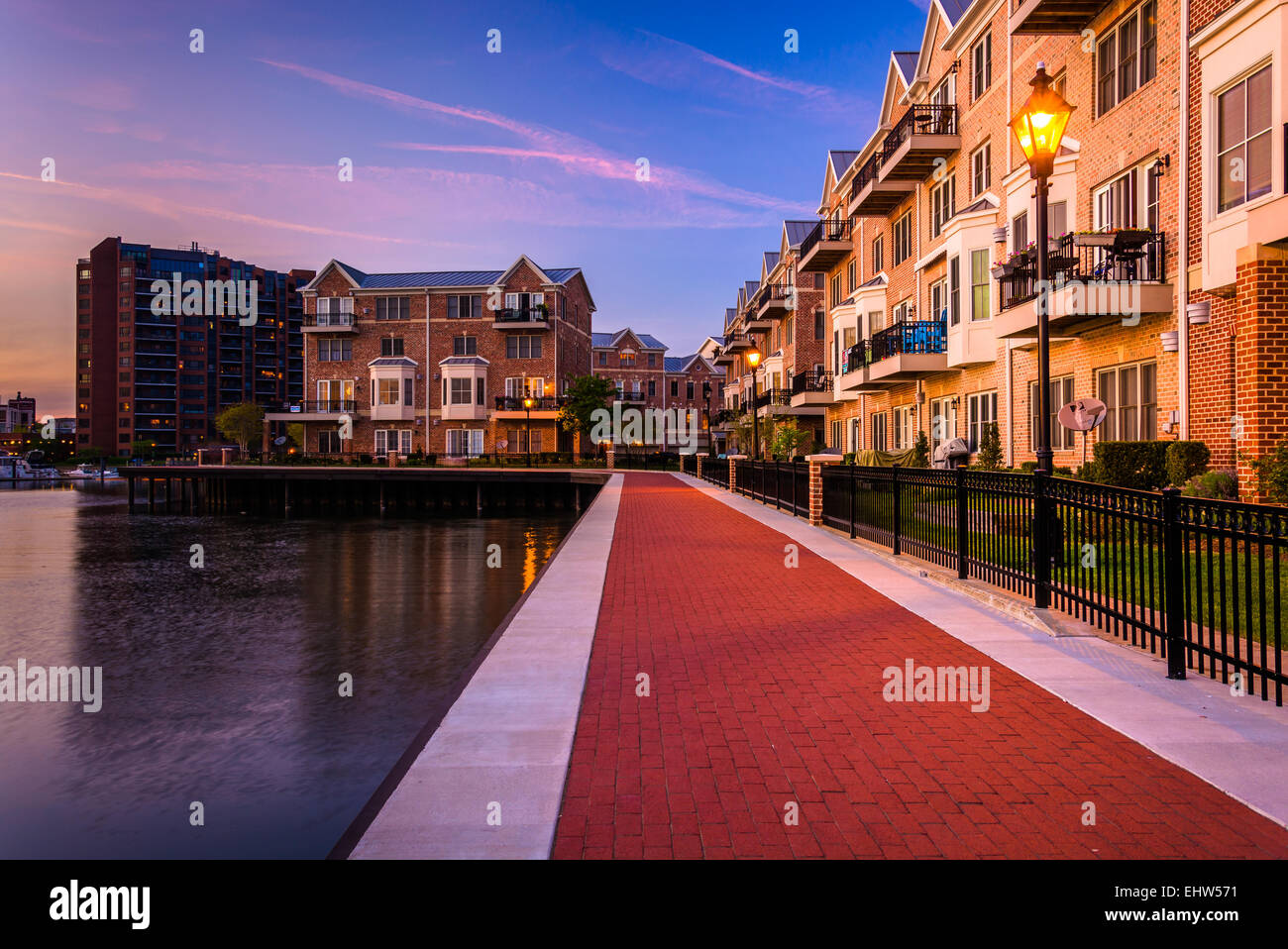The waterfront in Canton at twilight, Baltimore, Maryland Stock Photo ...