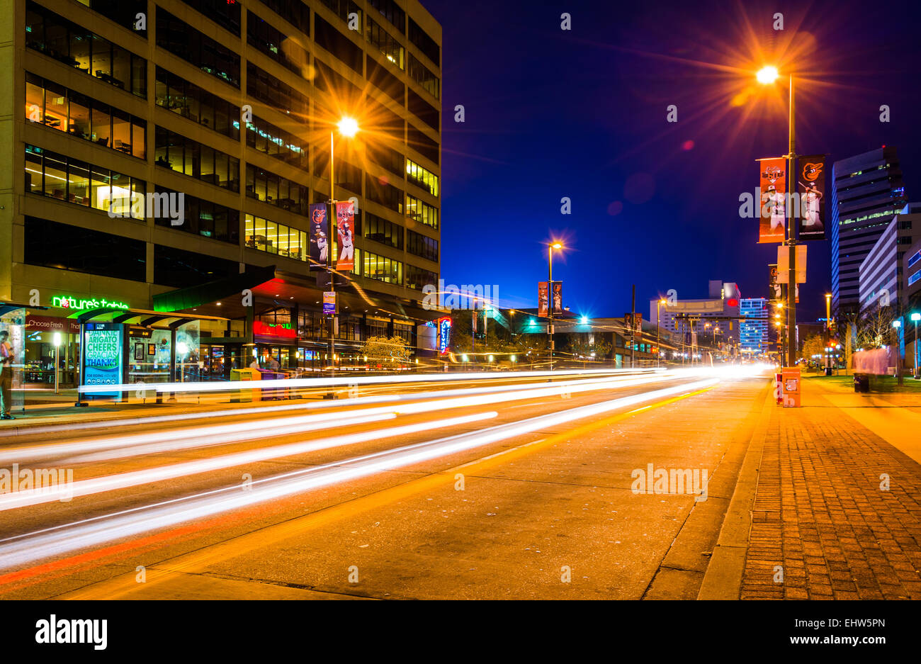 Traffic on Pratt Street at night, in Baltimore, Maryland Stock Photo ...