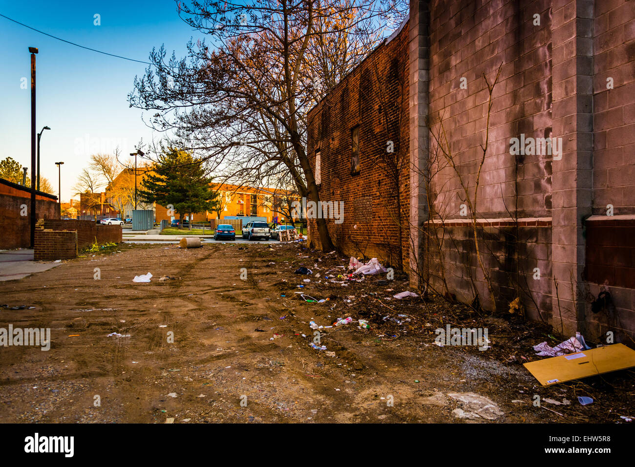 Trash and abandoned buildings at Old Town Mall in Baltimore, Maryland ...