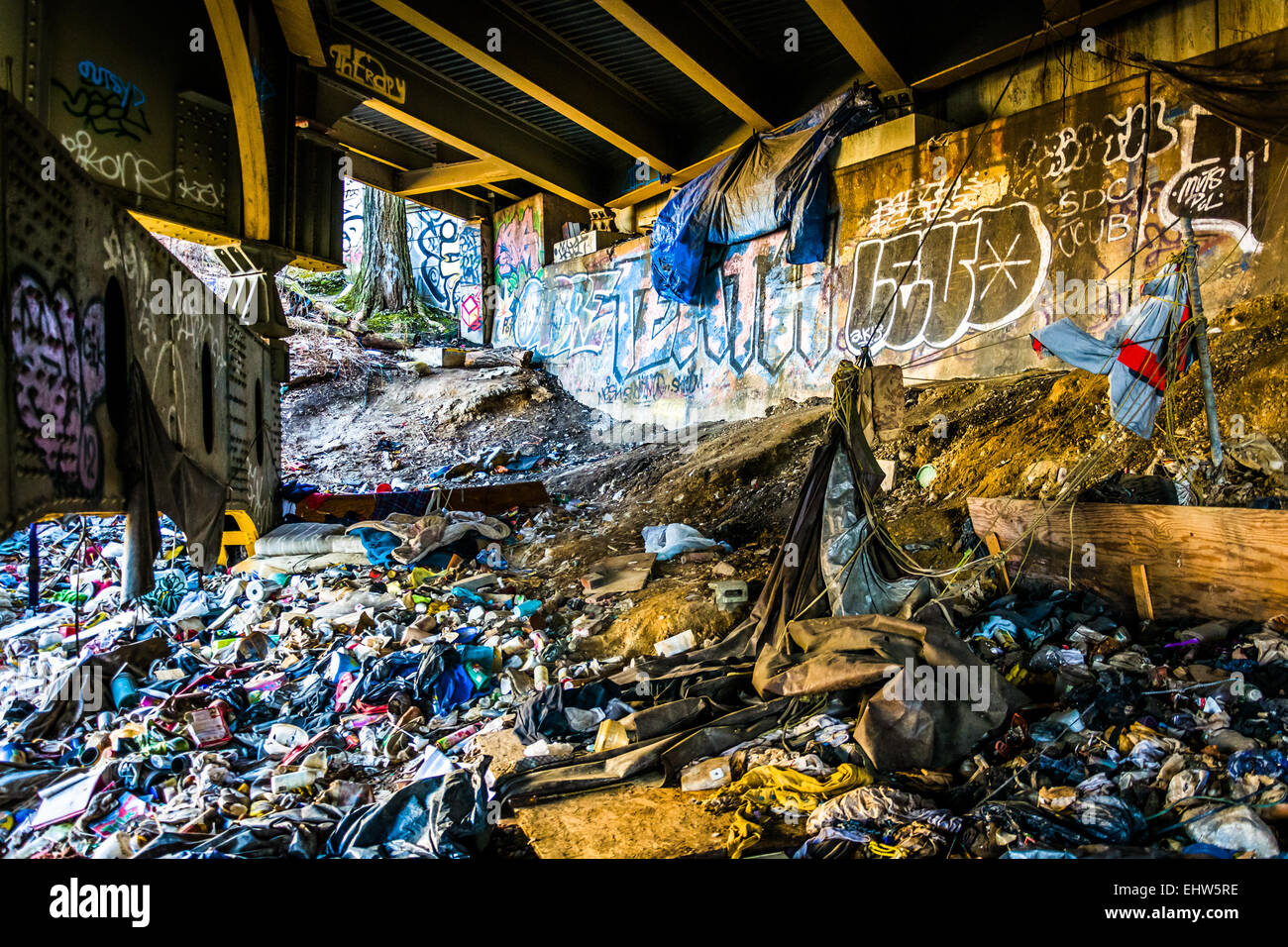 Trash and graffiti under the Howard Street Bridge in Baltimore ...