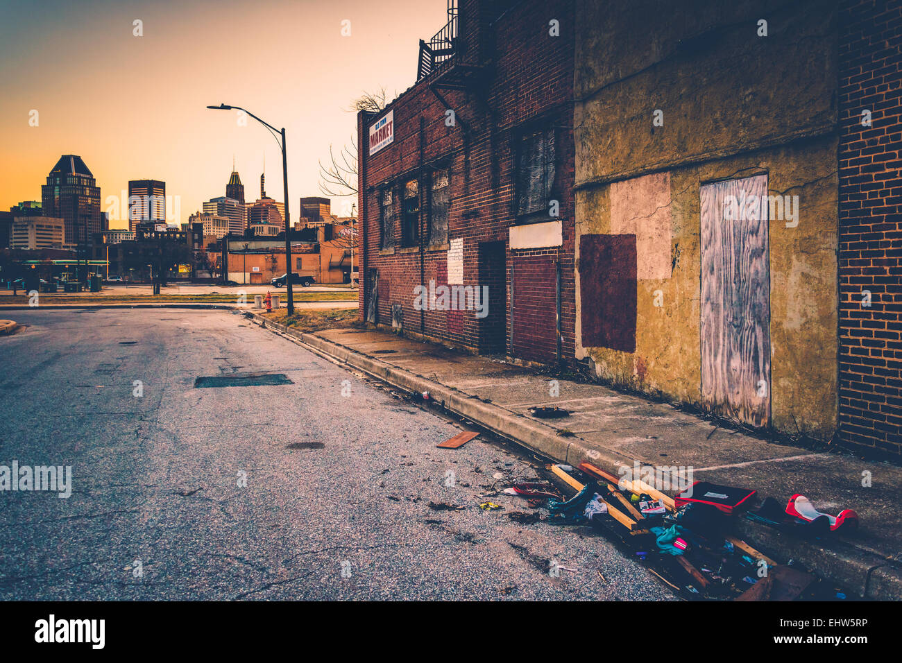 Trash on a sidewalk at Old Town Mall, in Baltimore, Maryland Stock ...