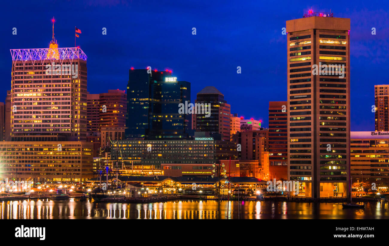 View of the Baltimore Inner Harbor and skyline during twilight from ...