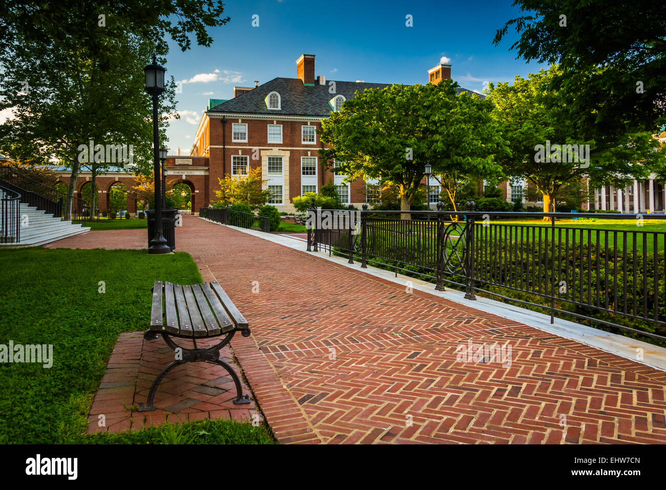 Walkway and buildings at John Hopkins University in Baltimore, Maryland ...