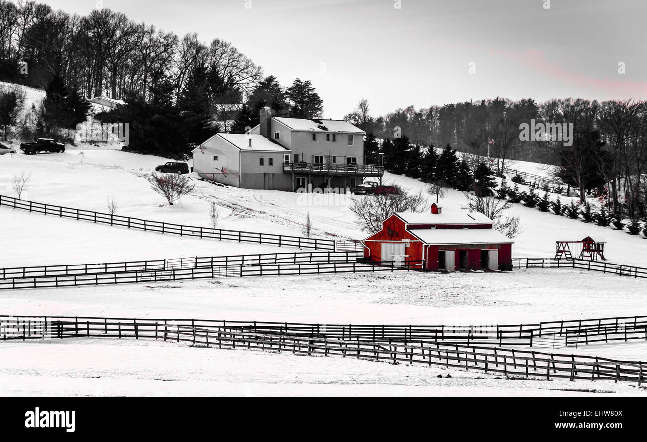 Winter view of a house and barn on farm in rural Carroll County ...