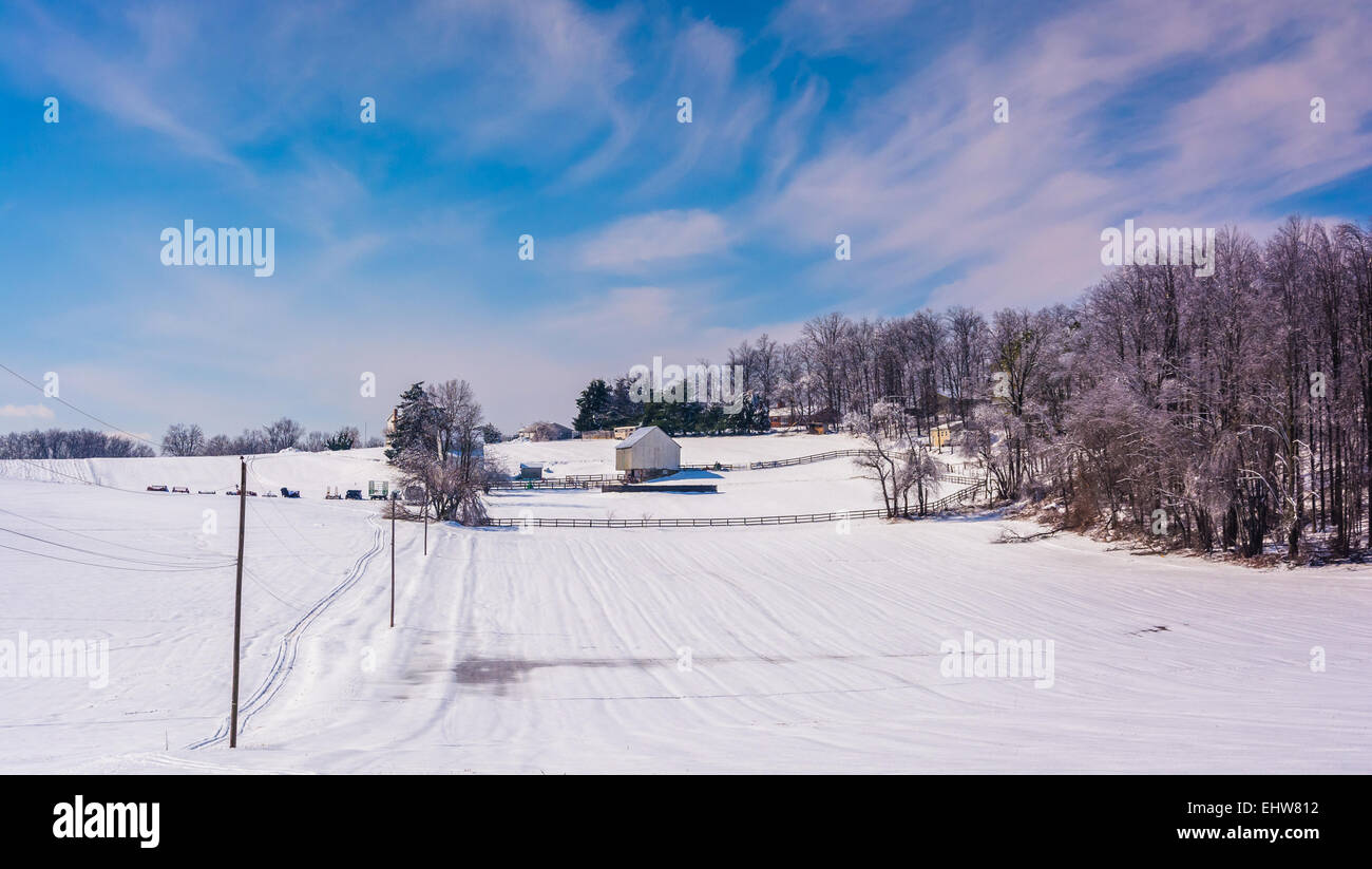 Winter view of snow covered farm fields in rural Carroll County ...