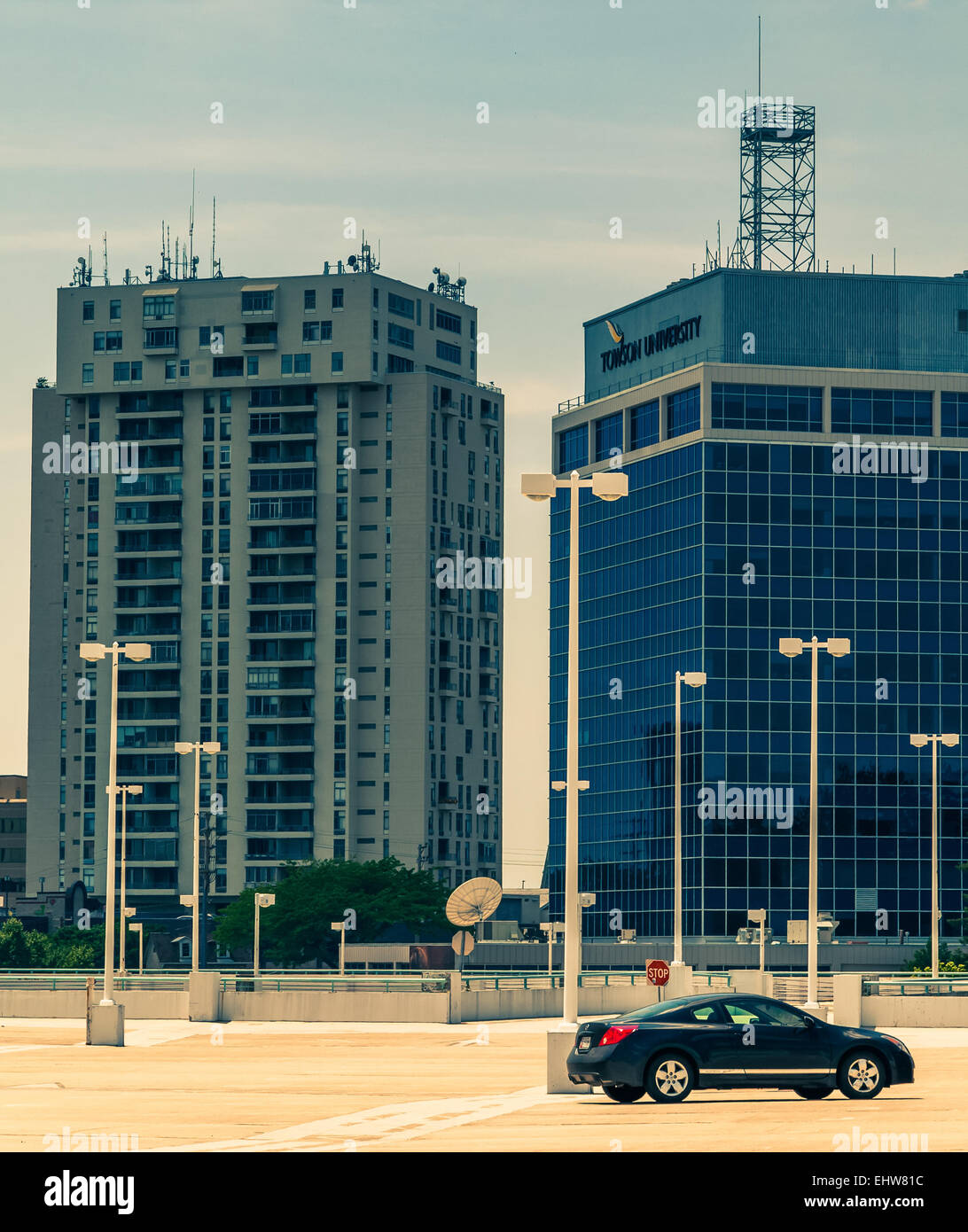 Car and view of highrises from the top of a parking garage in Towson ...