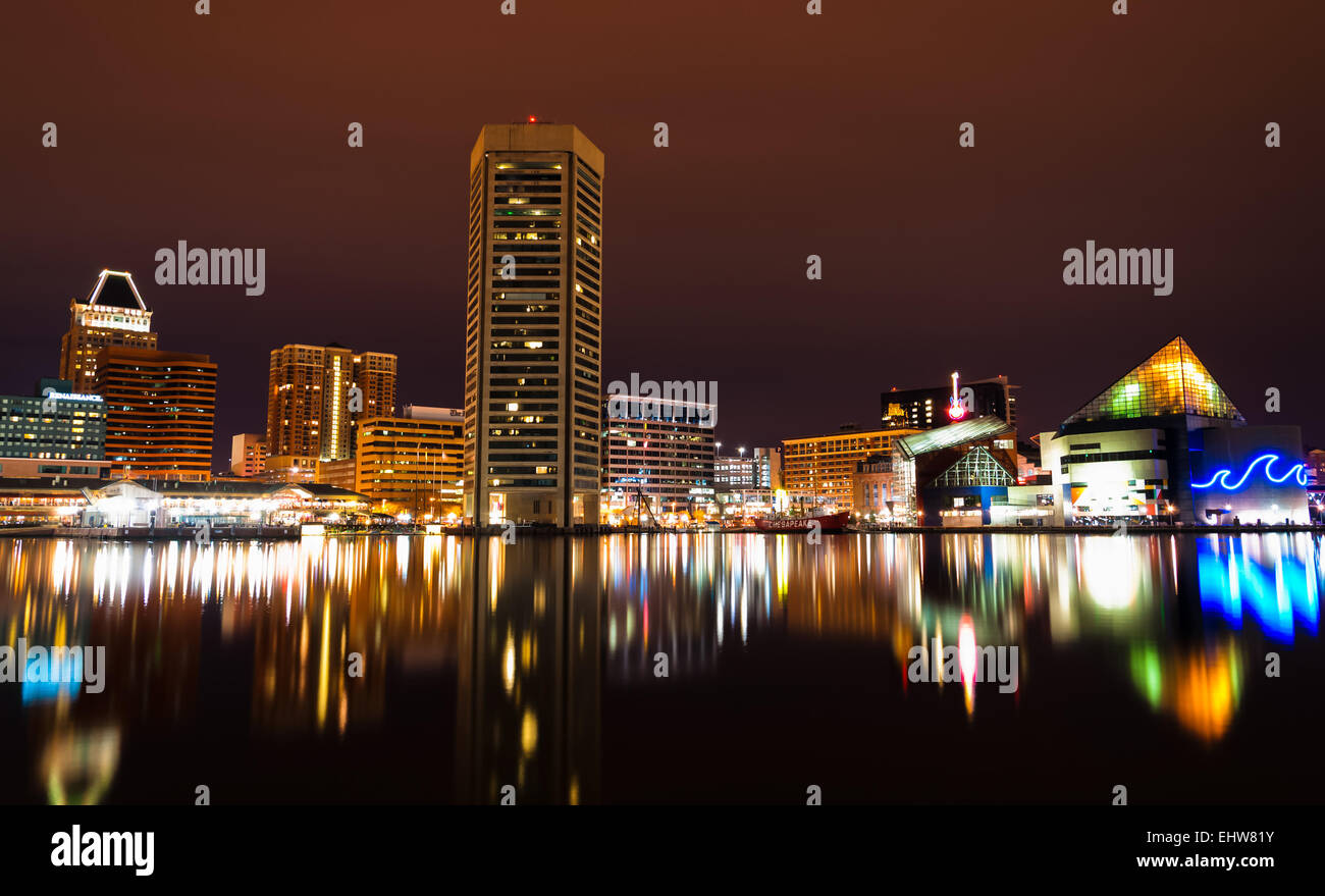 Long exposure of the Baltimore Skyline and Inner Harbor at night Stock ...