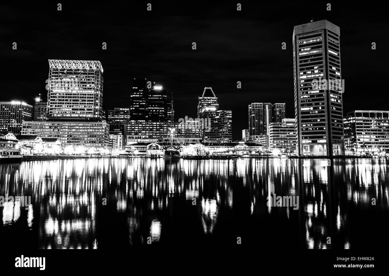 Long exposure of the skyline at night, from the Inner Harbor in ...