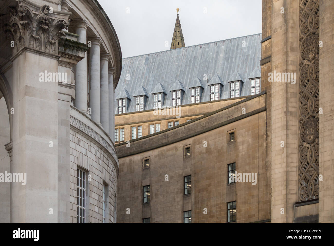 Close up detail of the Manchester Central Library and the back of the ...