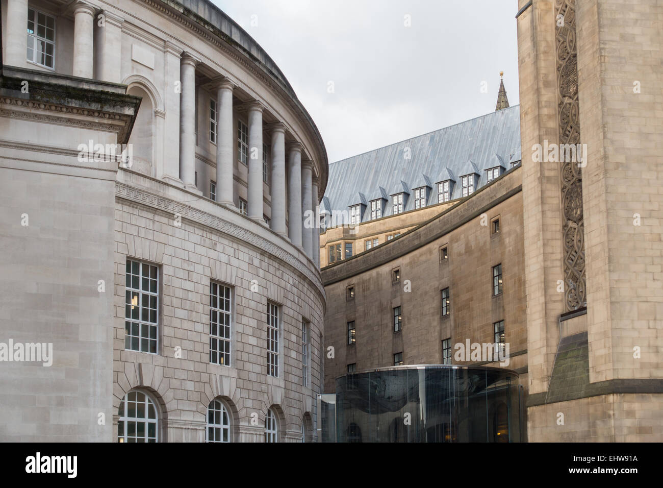 Close up detail of the Manchester Central Library and the back of the ...