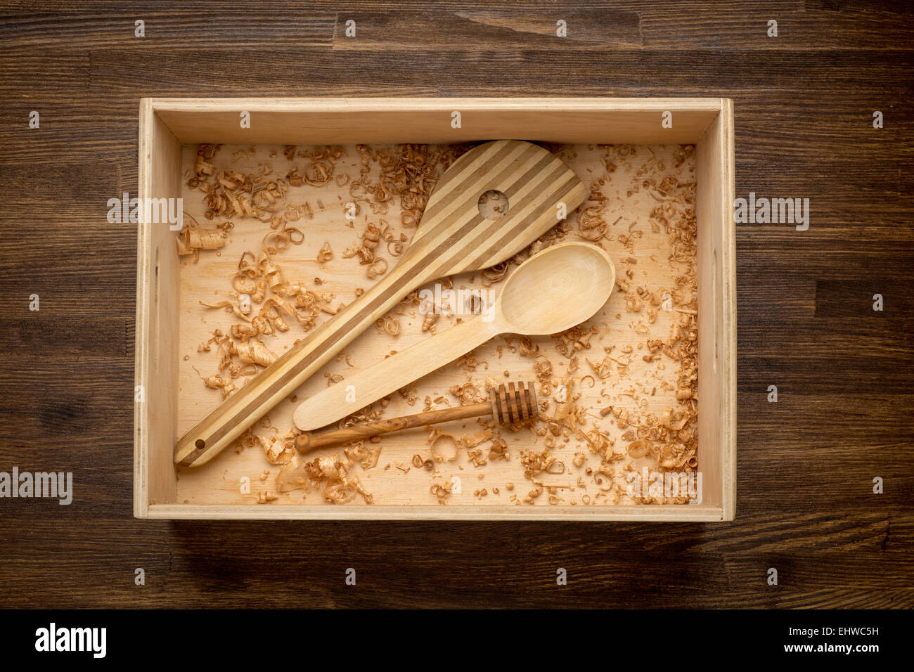 Set of kitchen utensils in wooden box background Stock Photo - Alamy