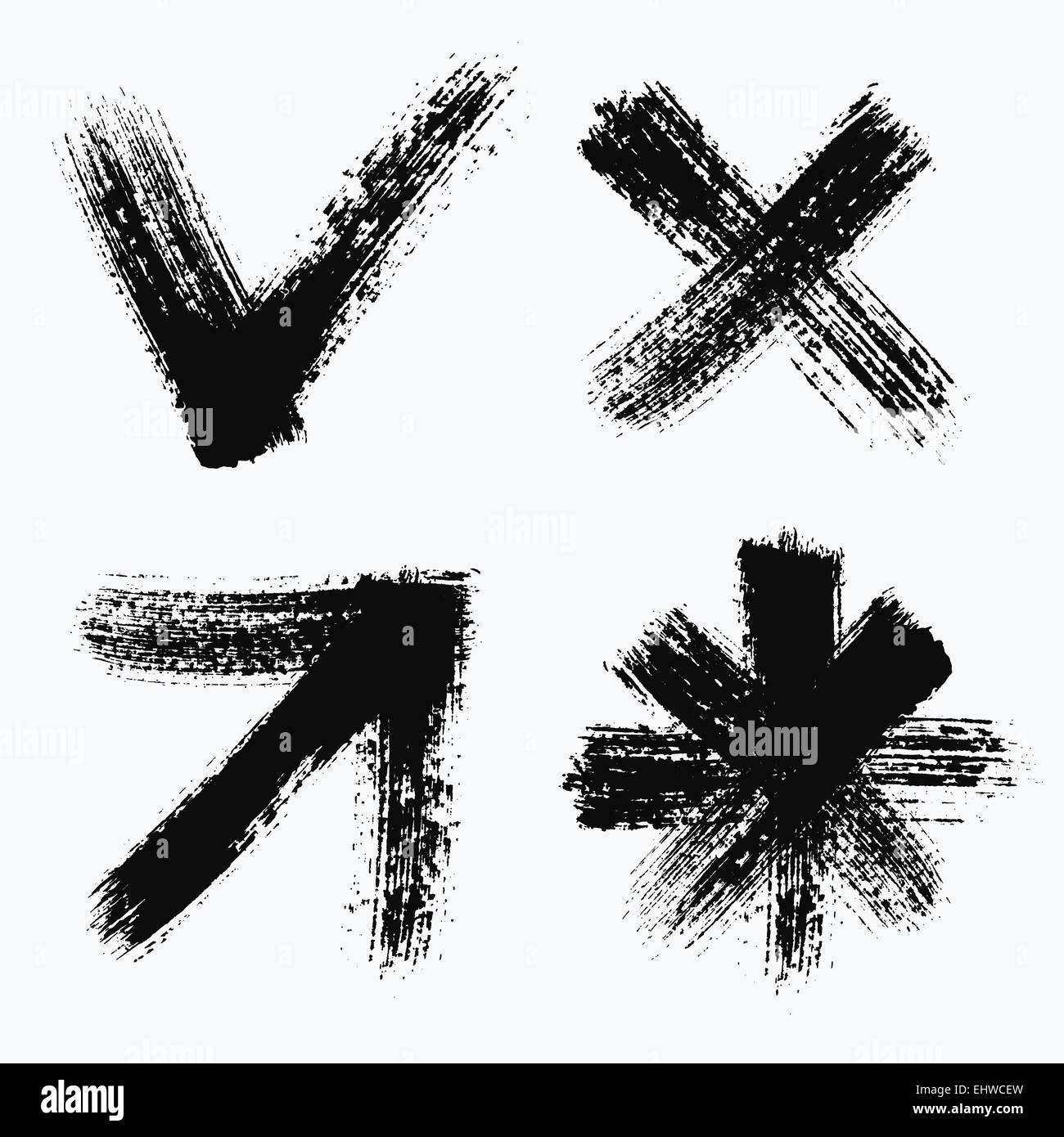 Grunge web icons set, brush texture arrow or cursor, star, check mark and cross. Isolated black ...