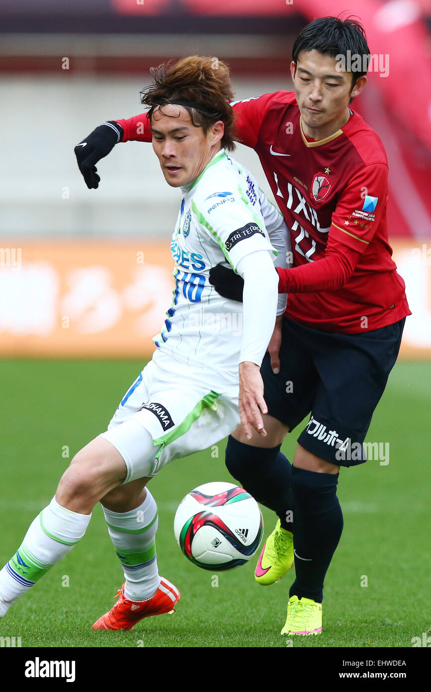 Ibaraki, Japan. 14th Mar, 2015. (L-R) Daisuke Kikuchi (Bellmare), Daigo Nishi (Antlers) Football ...