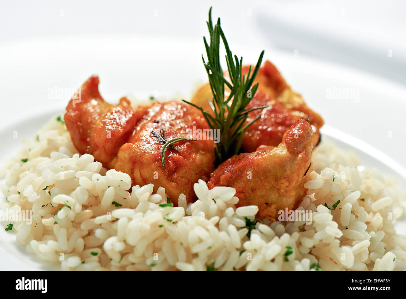Portion of grilled or roast rabbit on a bed of rice garnished with a ...