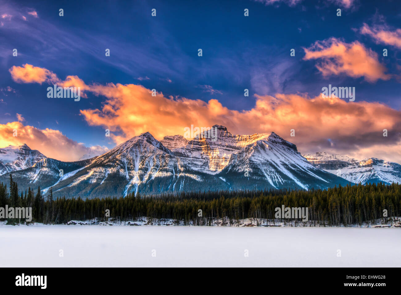 Scenic Herbert Lake under a colorful sunset in winter, Banff National ...