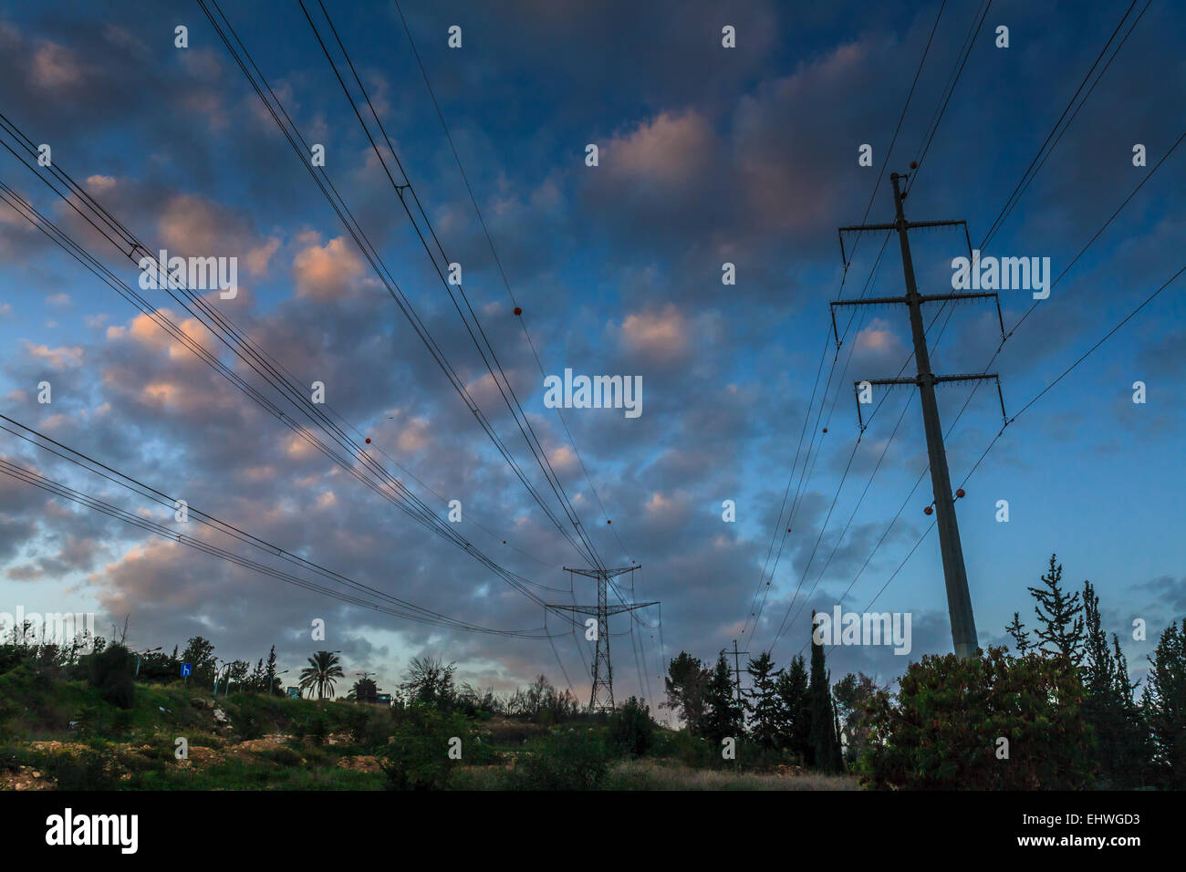 Power Pylons at Dawn Photographed near Rosh Haayin, Israel Stock Photo ...
