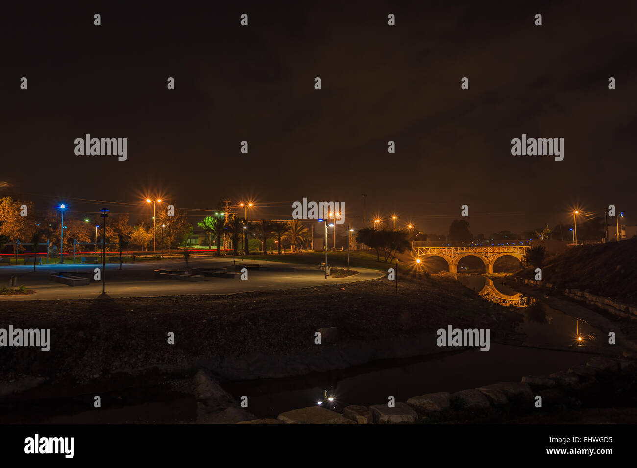 Evening in Rosh Haayin, Israel The city is illuminated by street lights ...