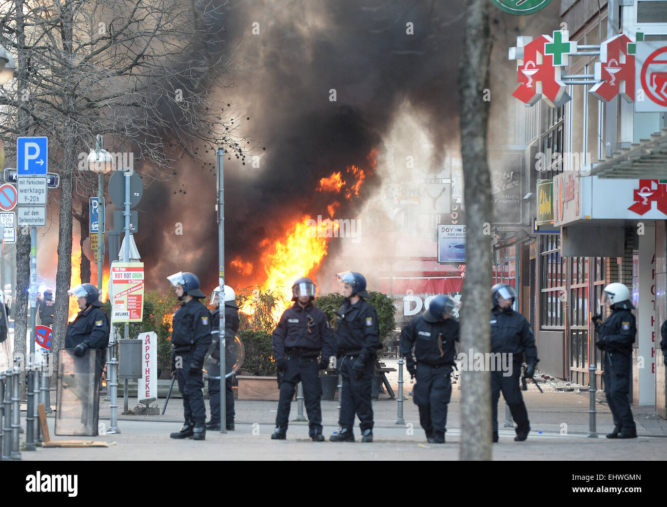 Frankfurt, Germany. 18th Mar, 2015. Police officers secure a street ...